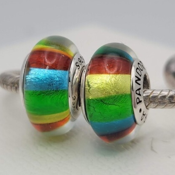 Pandora | Jewelry | Pandora Pair Of Rainbow Murano Glass Beads | Poshmark